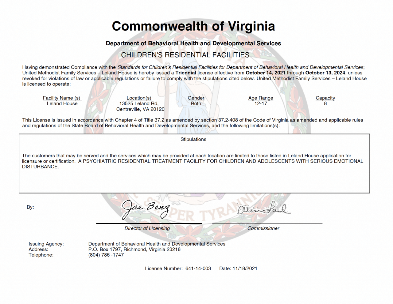 Licensure - UMFS | Virginia Foster Care | Residential Treatment ...