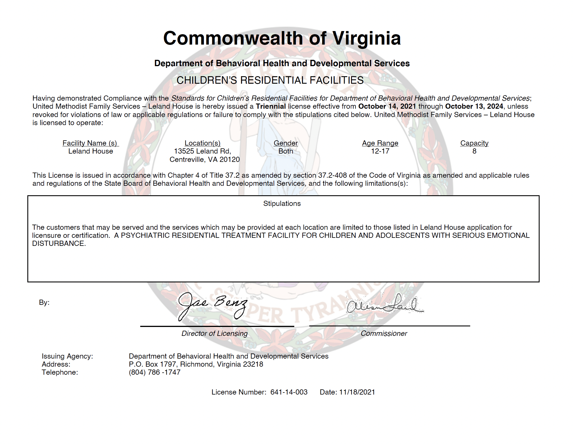 Licensure - UMFS | Virginia Foster Care | Residential Treatment ...